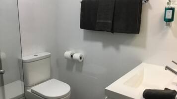 Casa de banho com sanita, lavatório e um porta-toalhas com duas toalhas.