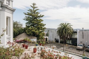 Terraço no telhado com plantas em vasos, uma grande árvore conífera e vista para a paisagem urbana.