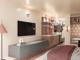 Quarto casal luxo | Roupas de cama premium, escrivaninha, ferros/tábuas de passar roupa