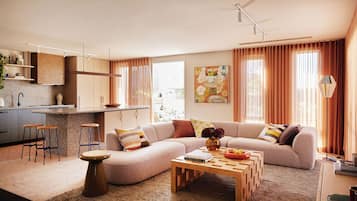 Apartamento design | Roupas de cama premium, escrivaninha, ferros/tábuas de passar roupa