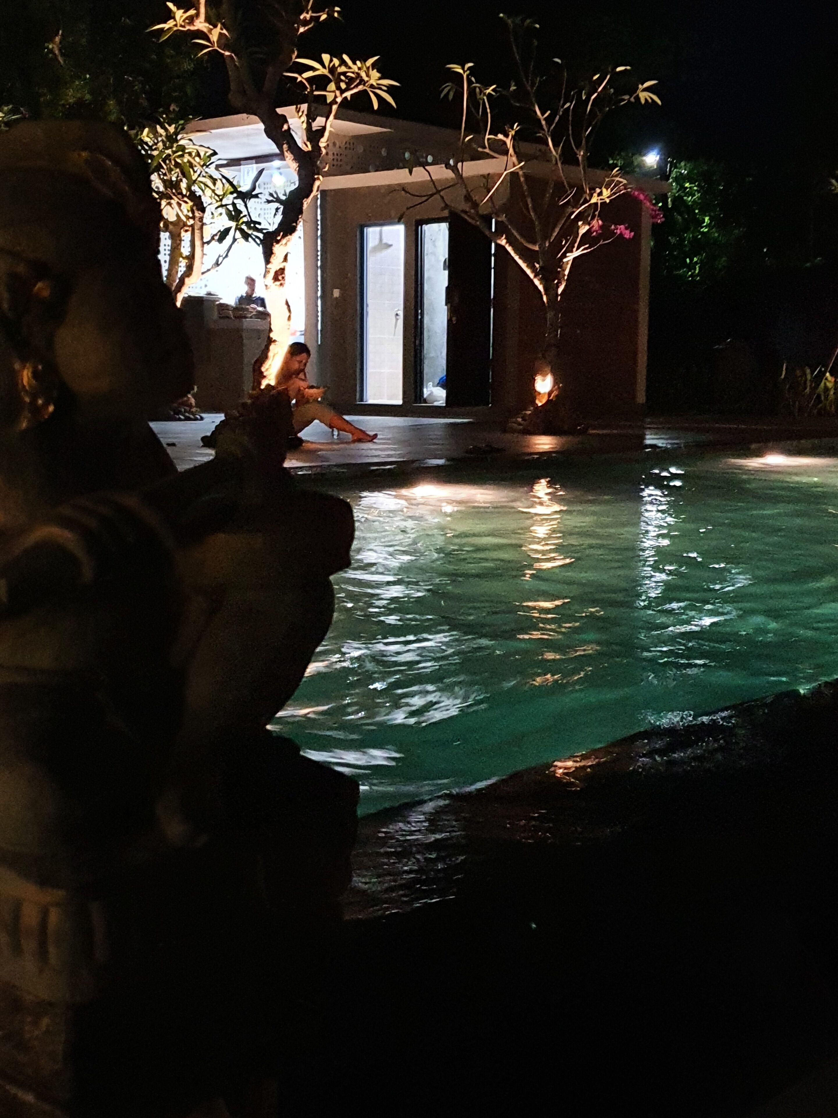 Vista noturna de uma piscina com um edifício ao fundo.