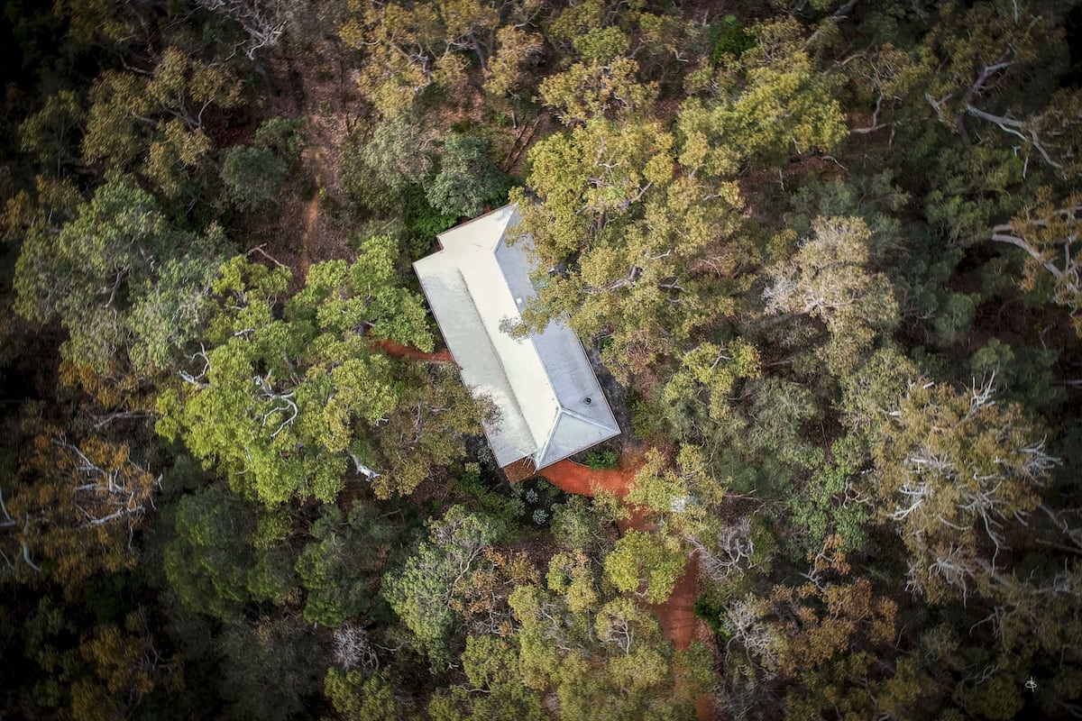Vista aérea de uma casa rodeada por uma floresta densa.