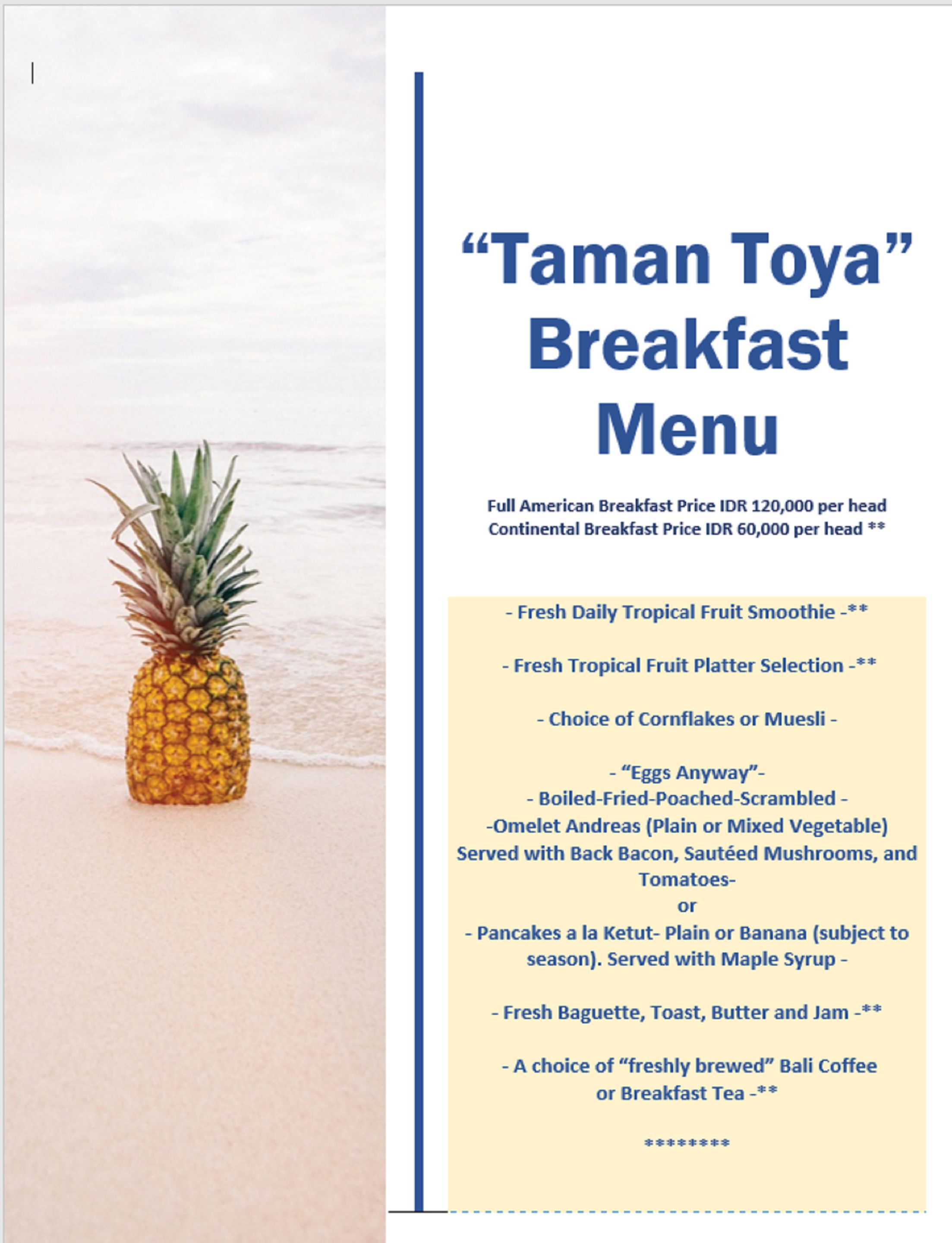 Cardápio de café da manhã intitulado "Taman Toya" com temática tropical, apresentando opções como smoothie de frutas tropicais, ovos mexidos e a escolha entre café ou chá.