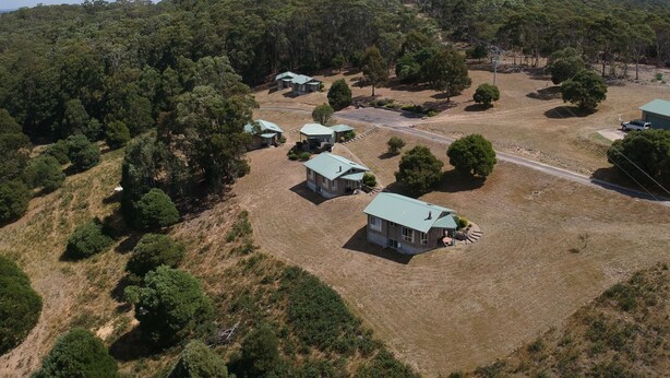 Uma área rural com várias casas cercadas por floresta densa. Uma estrada conecta as casas, e uma torre de comunicação alta é visível ao fundo.