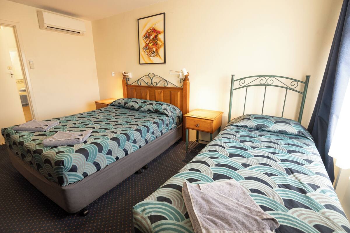 Quarto de hotel com duas camas de solteiro, cabeceira de madeira, mesa de cabeceira, ar condicionado fixado na parede e um quadro de peixes emoldurado.