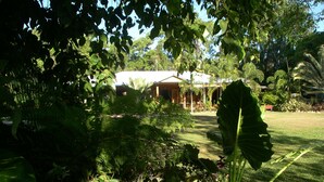 Um jardim exuberante com diversas plantas e árvores, um gramado bem cuidado e um edifício com varanda coberta ao fundo.