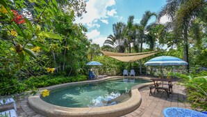 Piscina cercada por vegetação, com área de estar externa e guarda-sóis.
