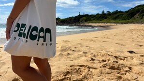 Cena de praia com uma pessoa segurando uma sacola branca com o texto 'DELICAN INN' visível.