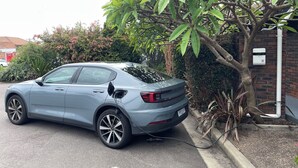 Um carro estacionado perto de uma árvore, com um muro de tijolos e uma caixa de utilidades ao fundo.