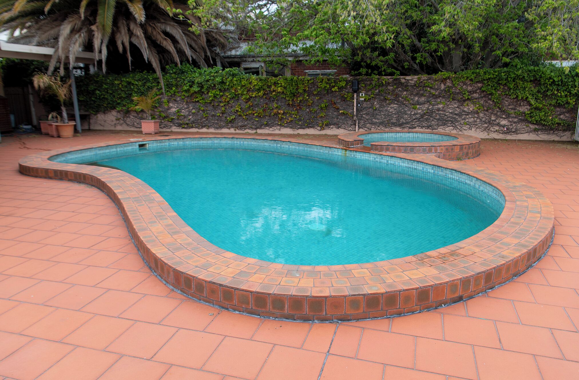 Piscina com borda curva, rodeada por um deck revestido com azulejos.