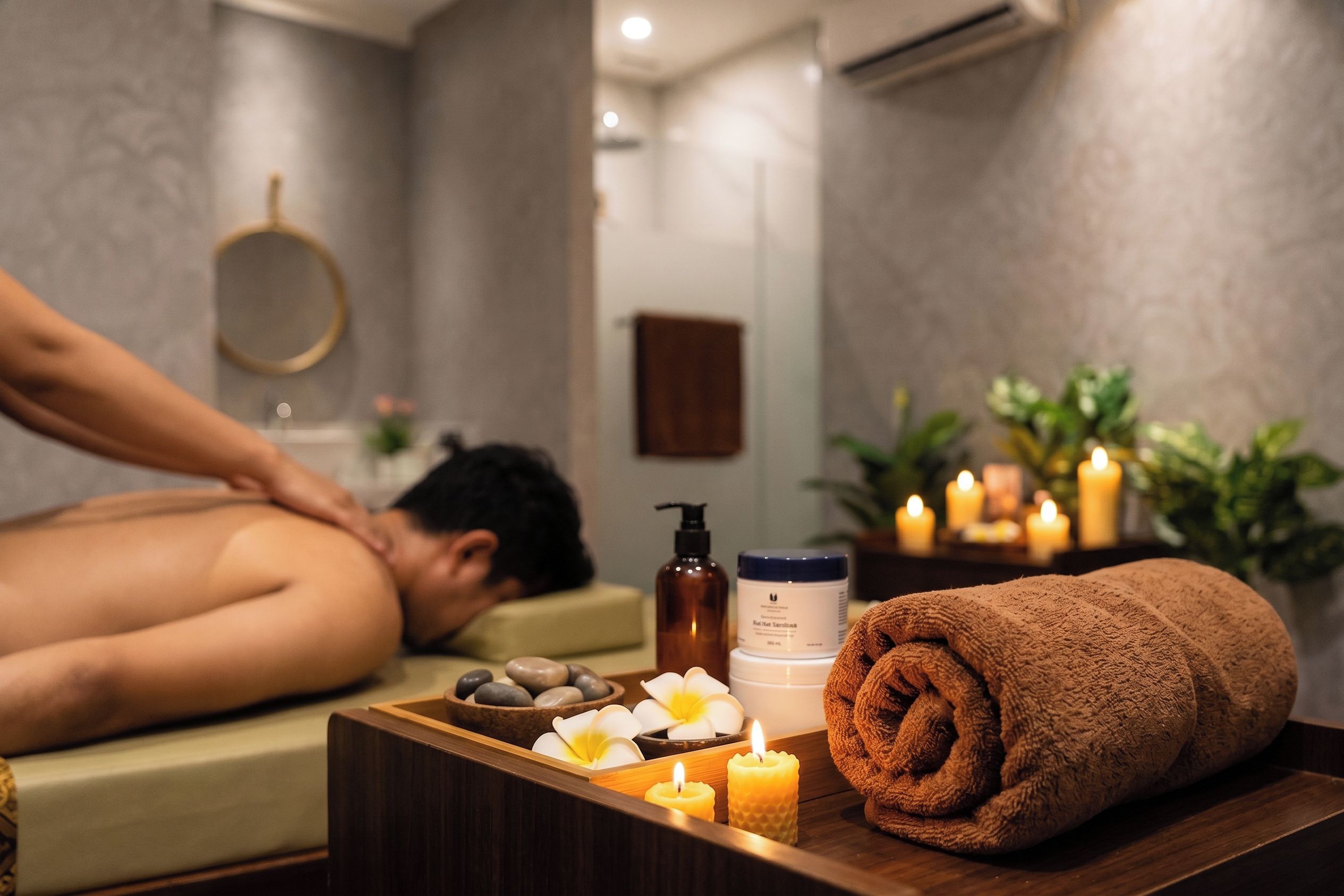 Ambiente de spa com mesa de massagem, velas e produtos para banho.