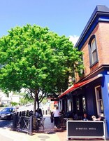 Rua arborizada com um edifício identificado como