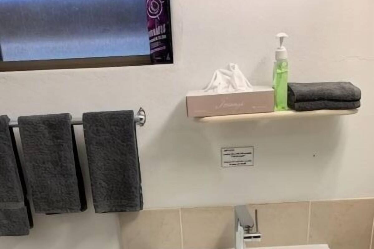 Casa de banho com lavatório branco, um porta-toalhas com três toalhas, dispensador de sabonete e uma pequena prateleira com uma caixa de lenços.