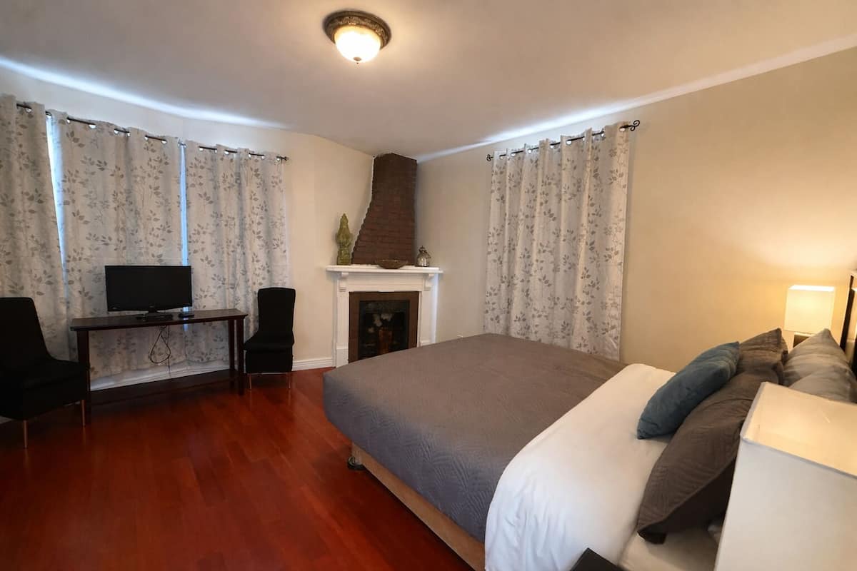 Quarto de hotel com cama, televisão, lareira e secretária.