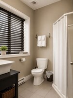 Quarto Deluxe, 1 cama queen-size, casa de banho anexa | Casa de banho | Artigos de higiene pessoal grátis, um secador de cabelo 