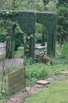 Um jardim com um banco de metal sob uma estrutura decorativa coberta por folhagem.