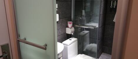 Uma casa de banho moderna com cabine de duche em vidro, sanita e secador de mãos.
