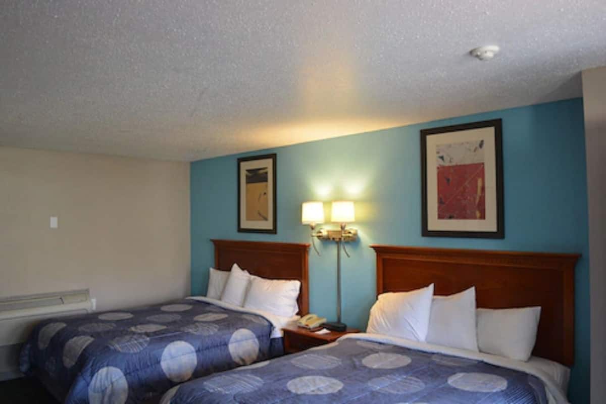 Quarto de hotel com duas camas, mesa de cabeceira, luminárias fixadas na parede e quadros enquadrados.