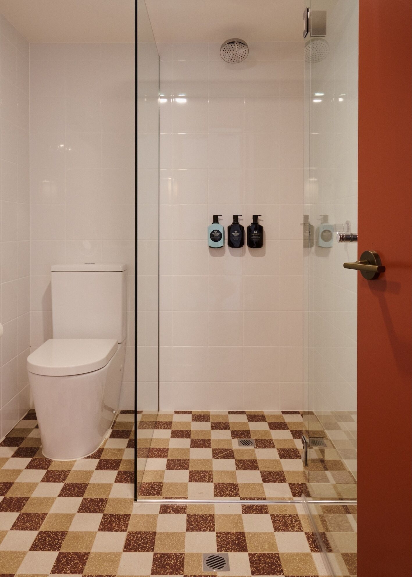 Casa de banho com sanita, chuveiro com porta de vidro e artigos de higiene pessoal na parede.