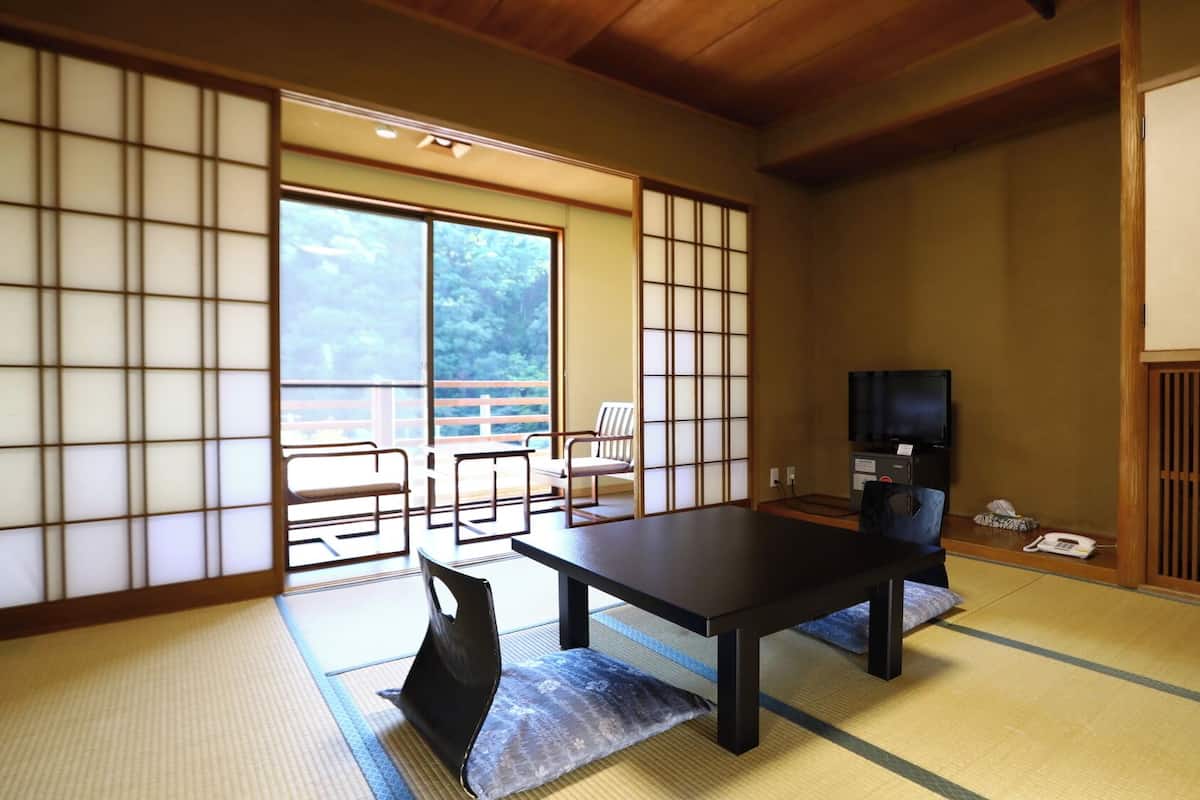 Um quarto japonês tradicional com tatames, uma mesa baixa, uma televisão e uma porta deslizante que dá para uma varanda.