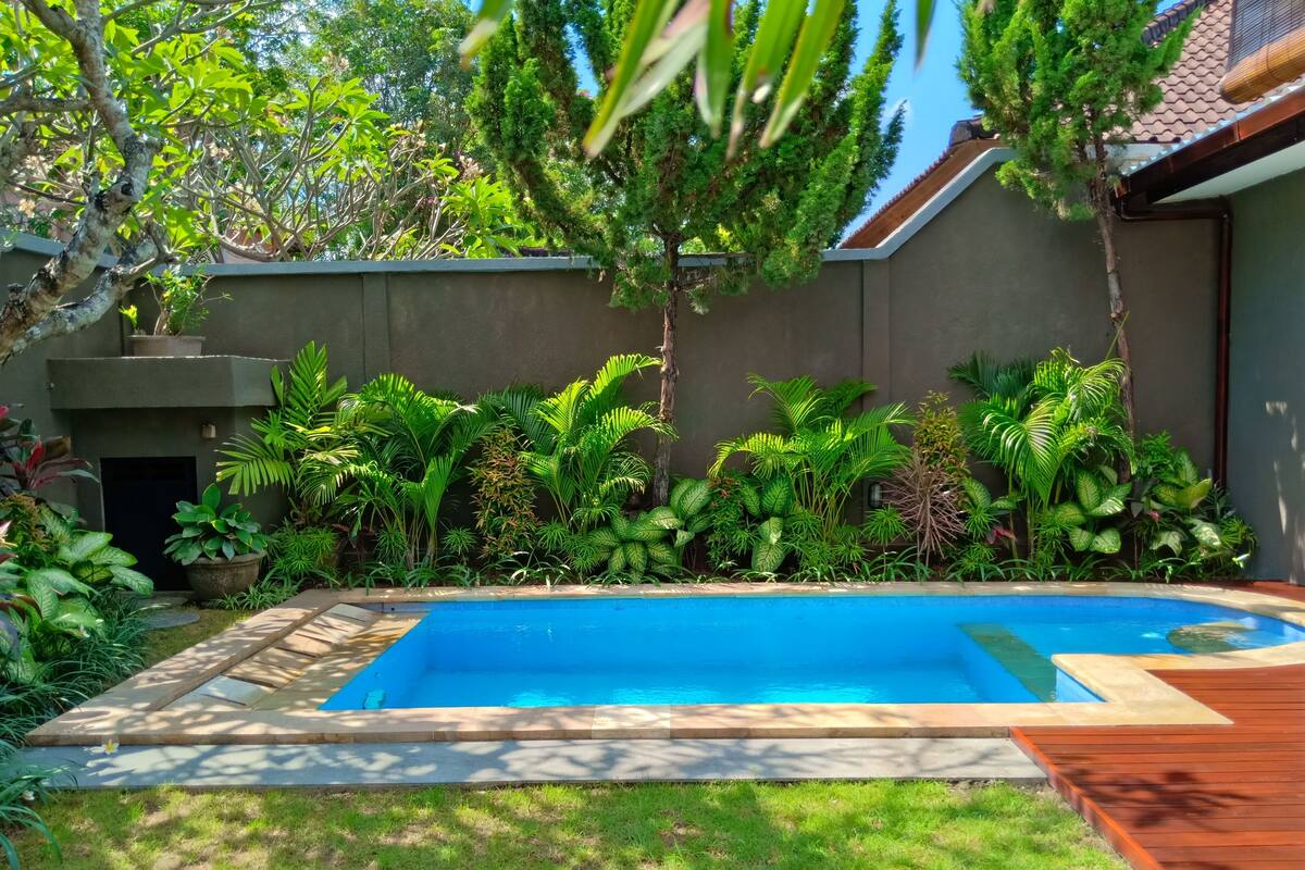 Piscina rodeada por vegetação exuberante e um edifício moderno.