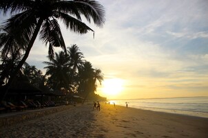 Uma praia com palmeiras, espreguiçadeiras e um pôr do sol.