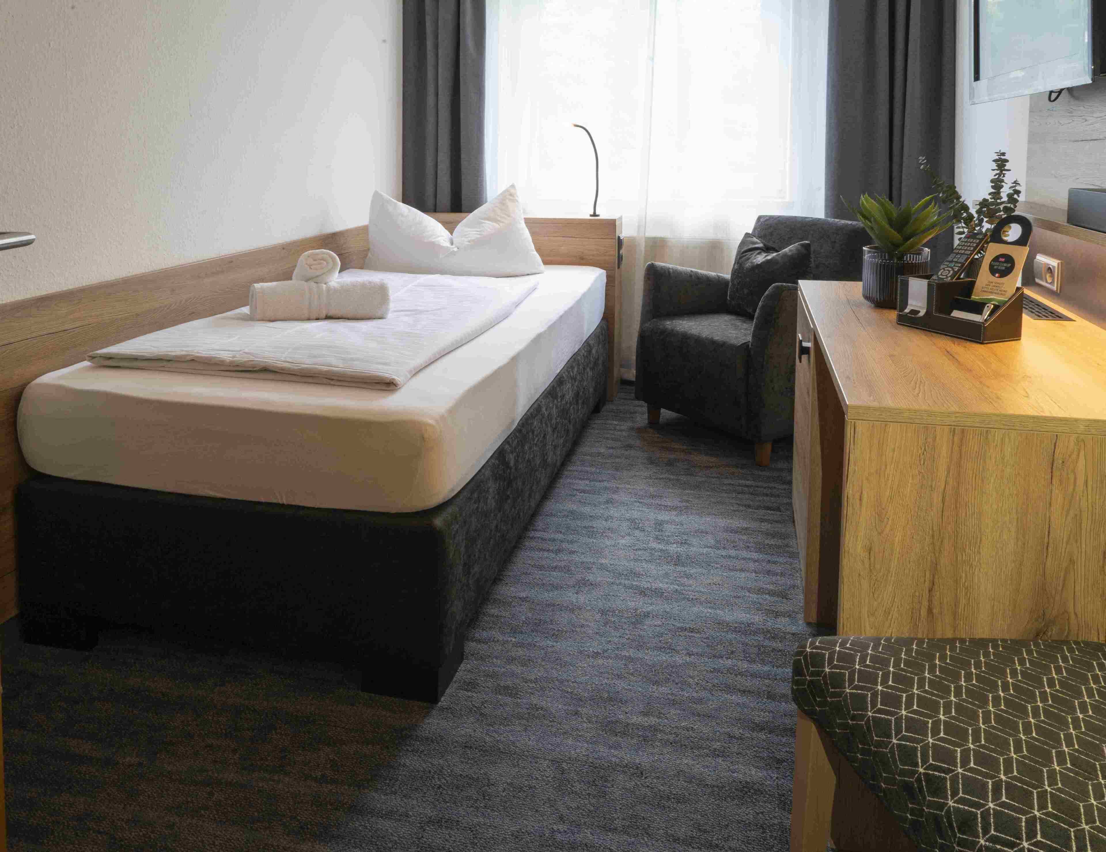 Quarto de hotel com cama, uma cadeira, escrivaninha, planta e televis ão.