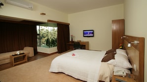 Quarto de hotel com uma cama grande, uma escrivaninha, uma televisão e vista para o exterior.