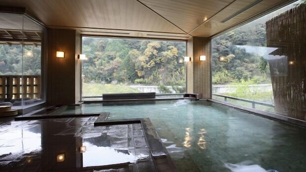 Uma grande fonte termal interior com vista para uma área arborizada.