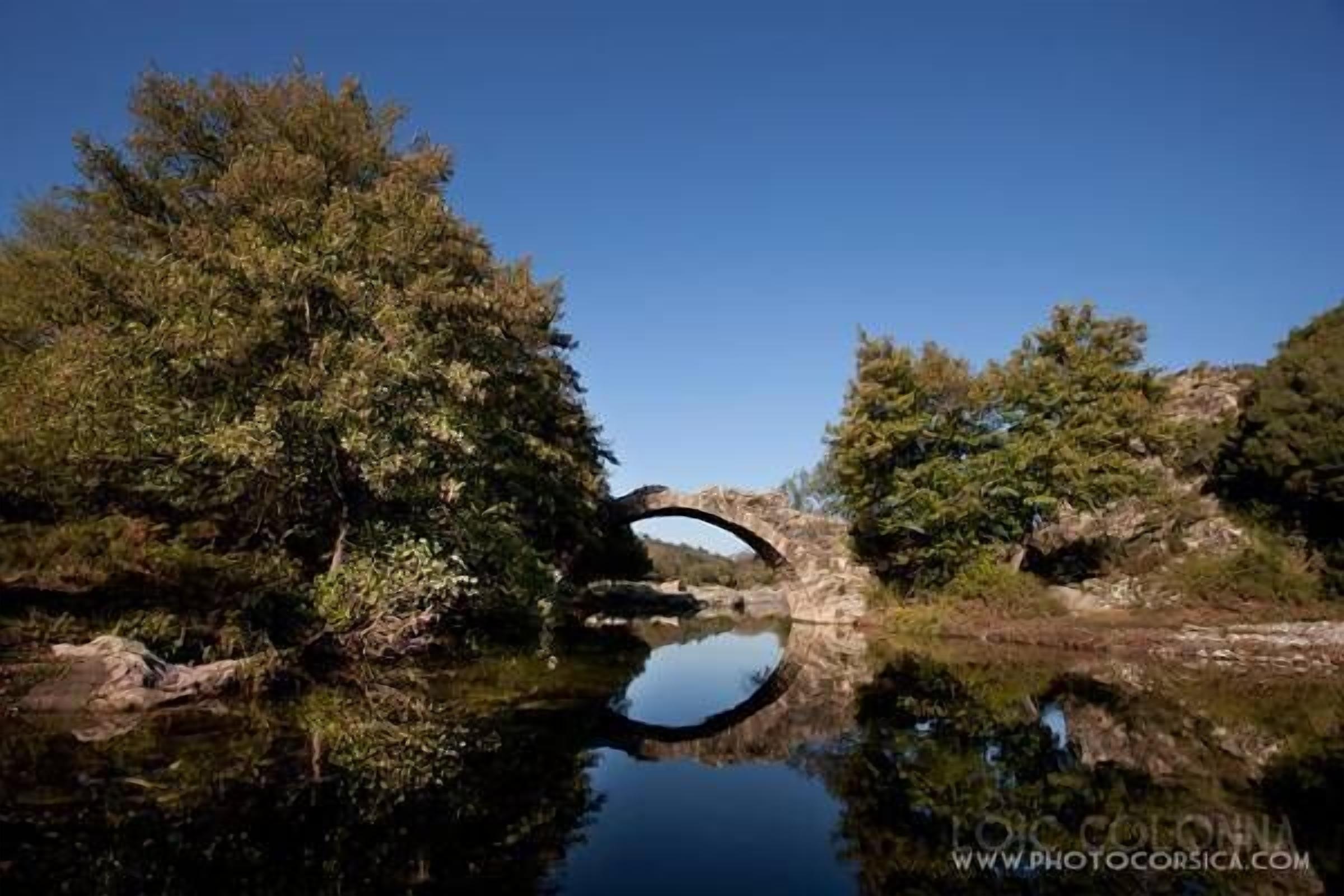 Uma ponte de pedra sobre um rio calmo, com vegetação densa em ambas as margens.