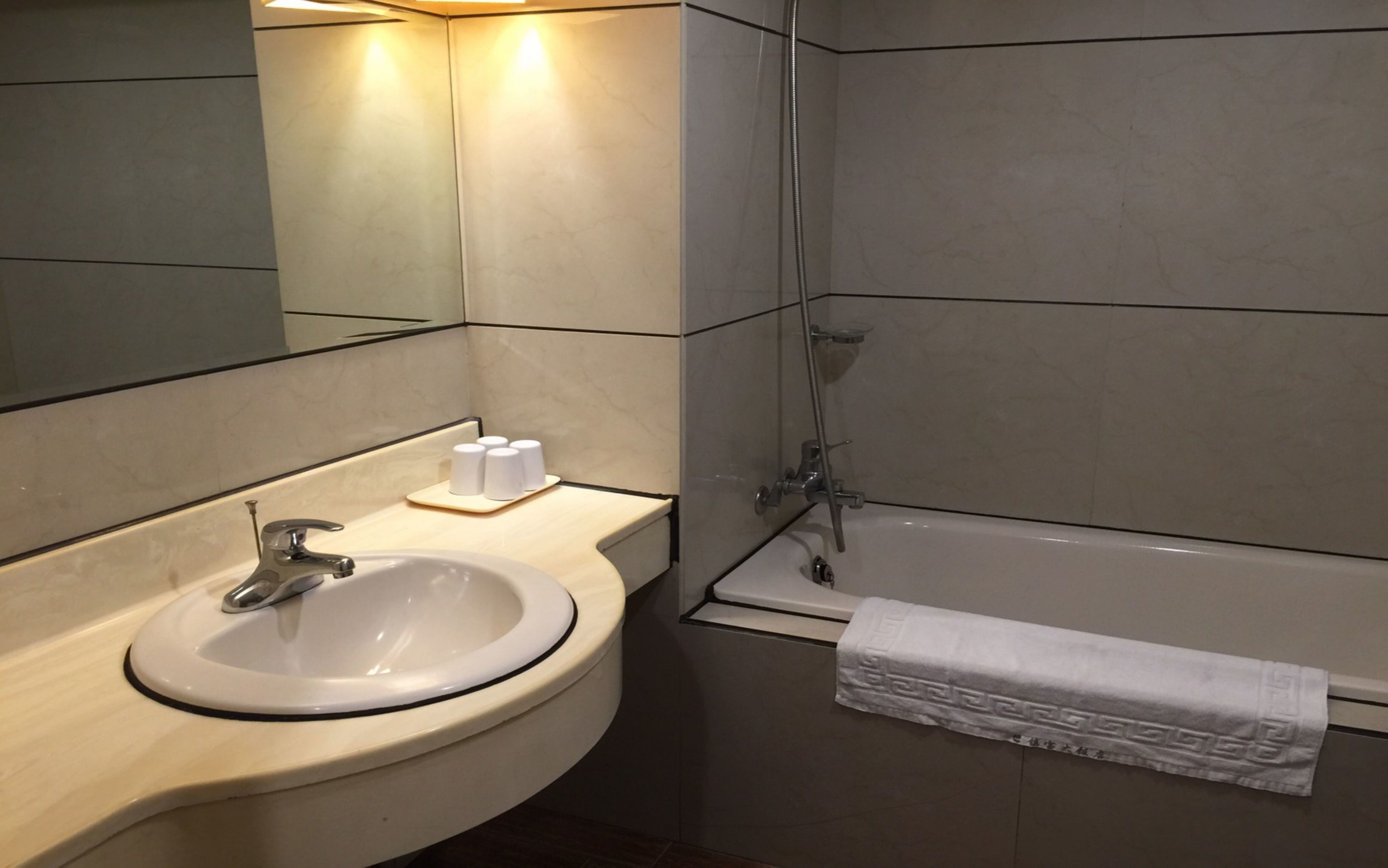 Casa de banho moderna com lavatório, espelho e chuveiro.