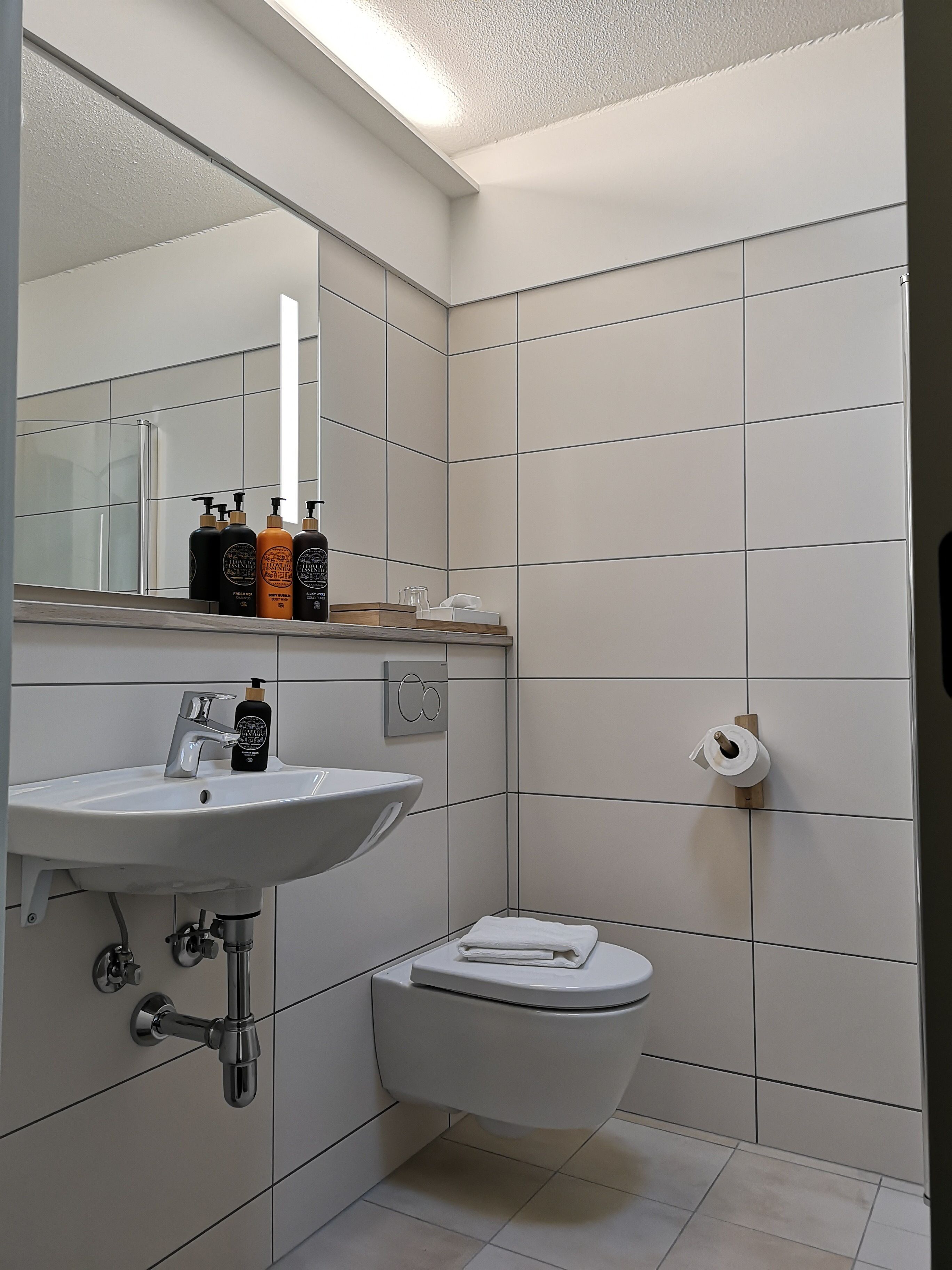Uma casa de banho moderna com lavatório branco, espelho e sanita. Há produtos de higiene pessoal sobre o balcão do lavatório.