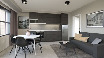 Apartamento standard, 2 quartos | Cozinha privada | Geladeira, micro-ondas, fogão