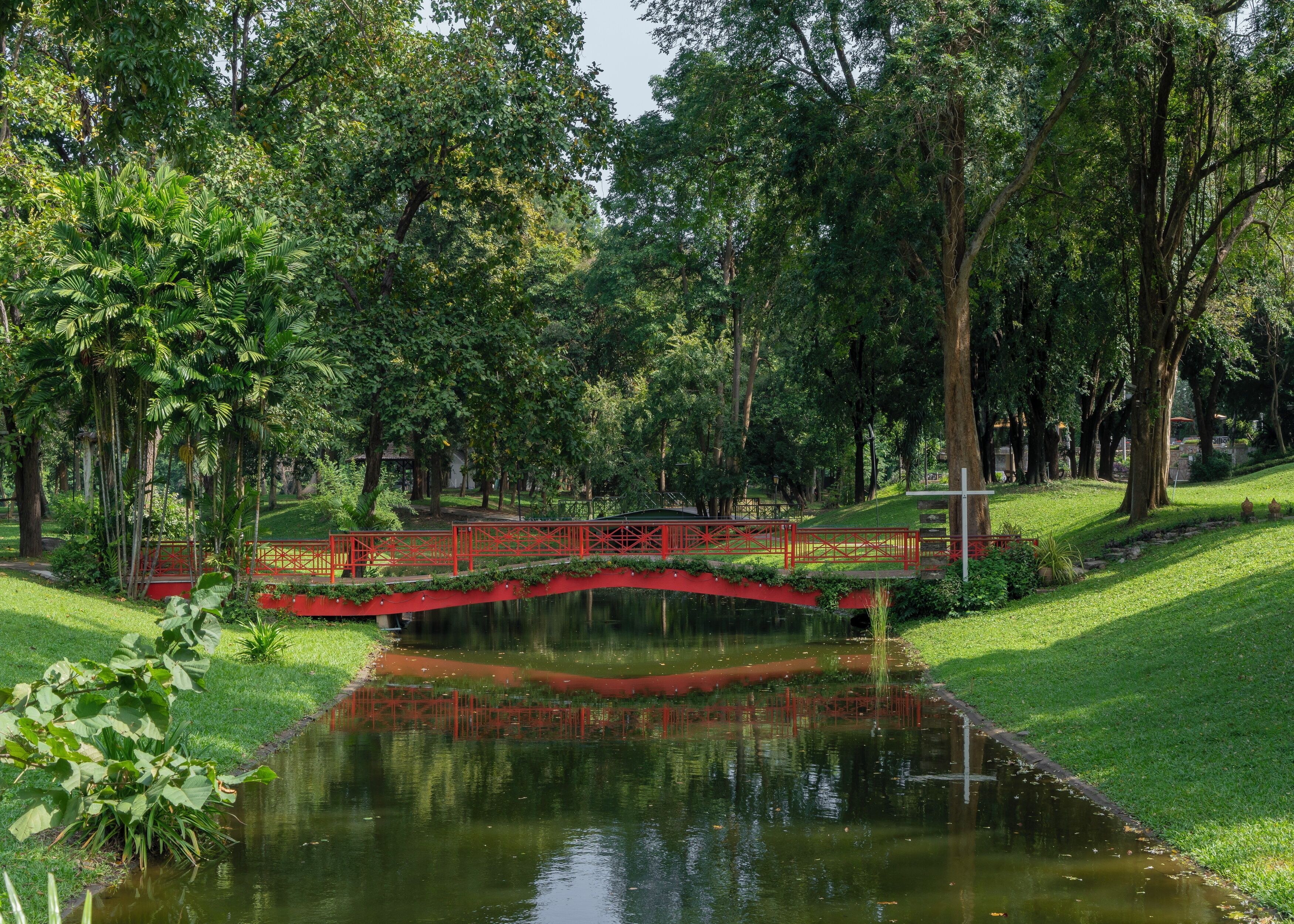 Um parque tranquilo com uma ponte vermelha sobre um lago, rodeado por vegetação exuberante e árvores.