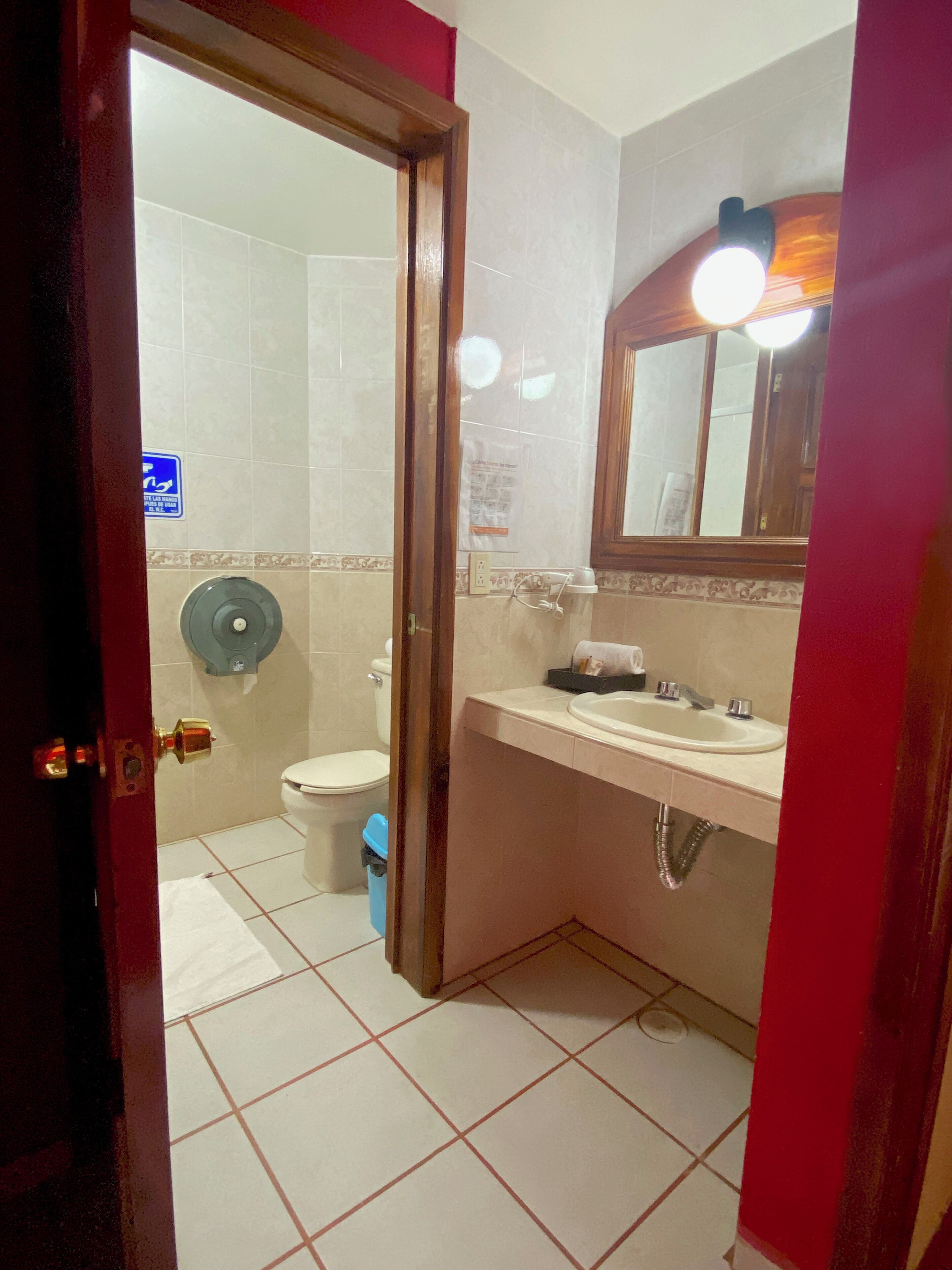 Uma casa de banho com sanita, lavatório e espelho.