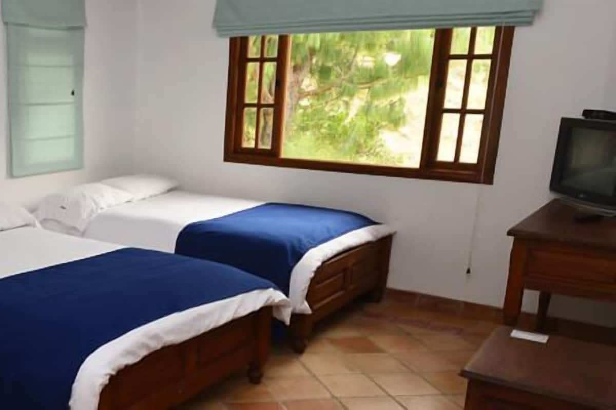 Quarto com duas camas, televisão e janela com vista para o verde.