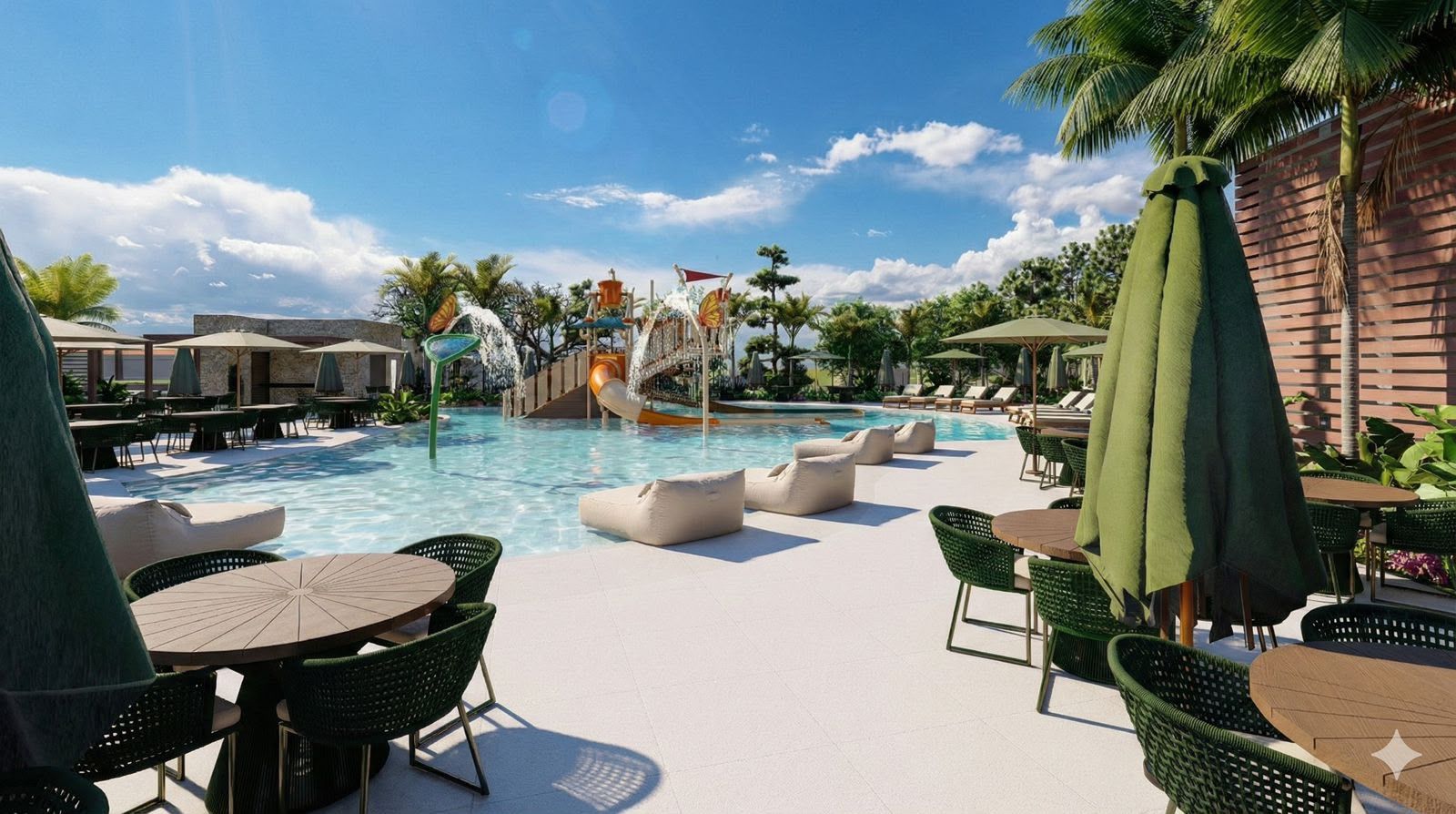 Área de piscina com espreguiçadeiras, guarda-sóis e um toboágua.