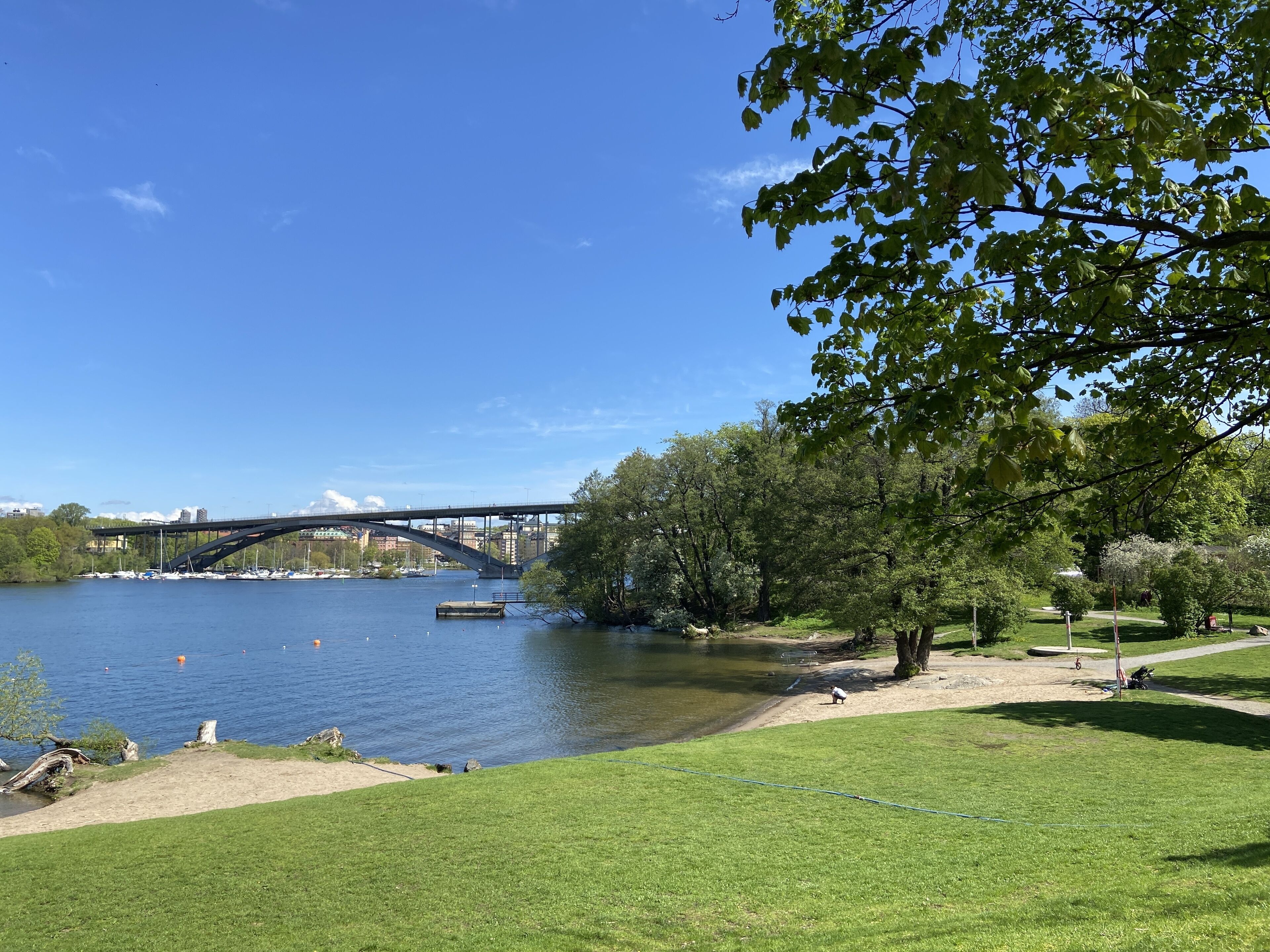 Um parque com um rio, uma ponte e barcos.