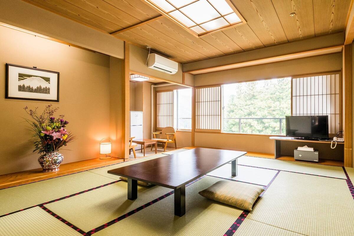 Um quarto japonês tradicional com tatames, uma mesa baixa, uma televisão e uma janela com vista para o verde.