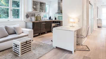 Apartamento urbano, 1 quarto, varanda, no jardim | Área de estar | Smart TV 60 polegadas com canais a cabo, TV, Netflix