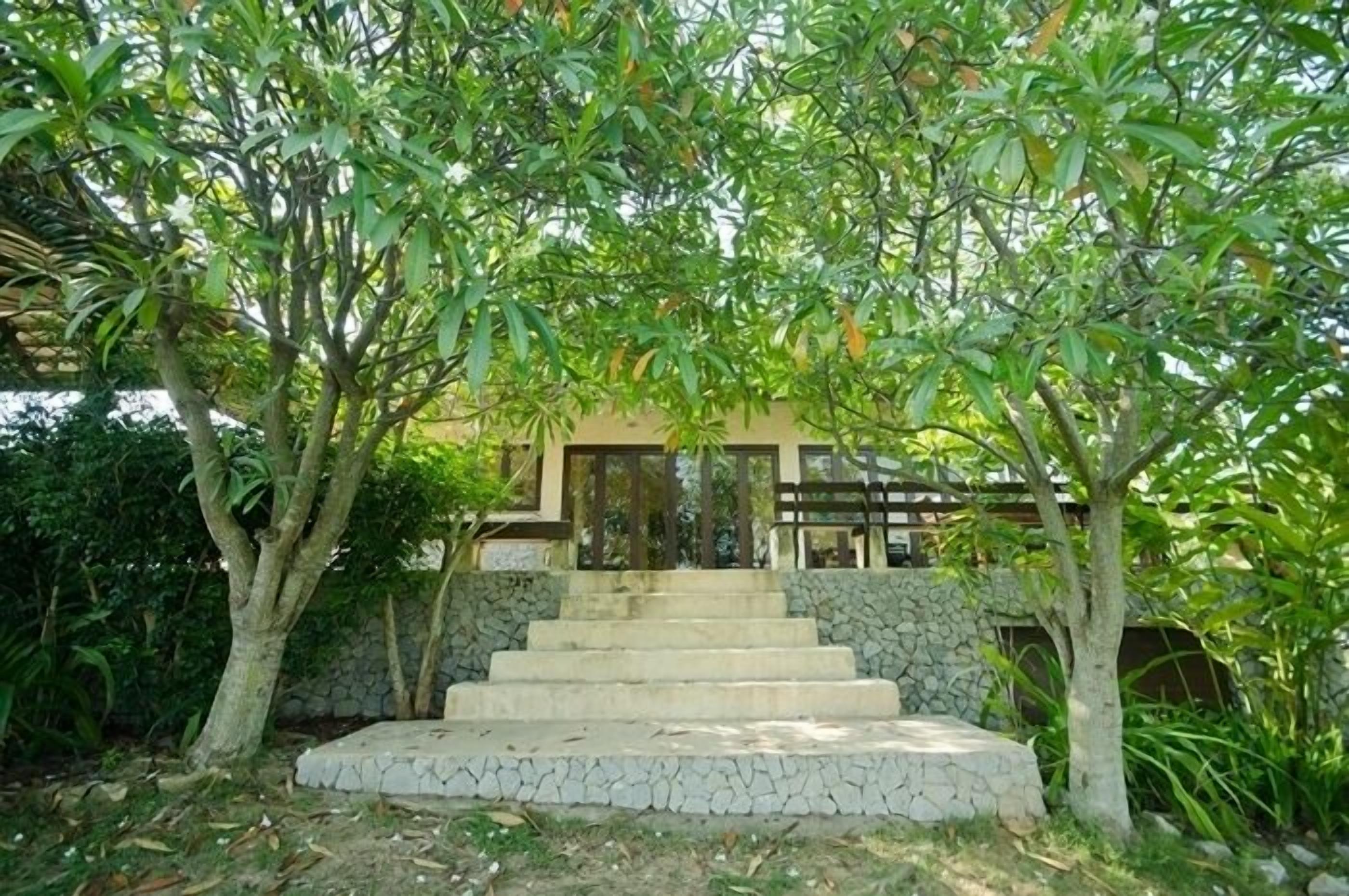 Uma escadaria de pedra leva a um edifício rodeado por vegetação exuberante.