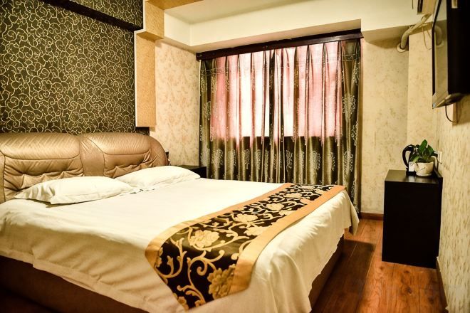 Quarto de hotel com cama, cortinas, uma mesinha com uma planta e parede estampada.