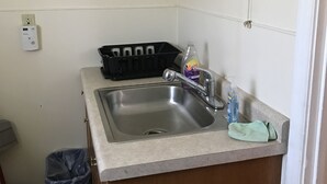 Uma pequena cozinha compacta com pia, escorredor de louça preto, garrafa de detergente e lixeira.