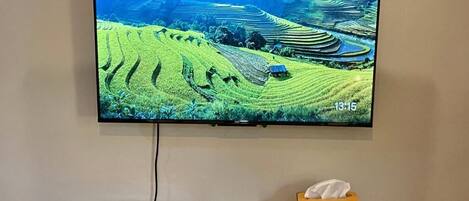 Uma televisão fixada na parede exibindo uma paisagem em socalcos.