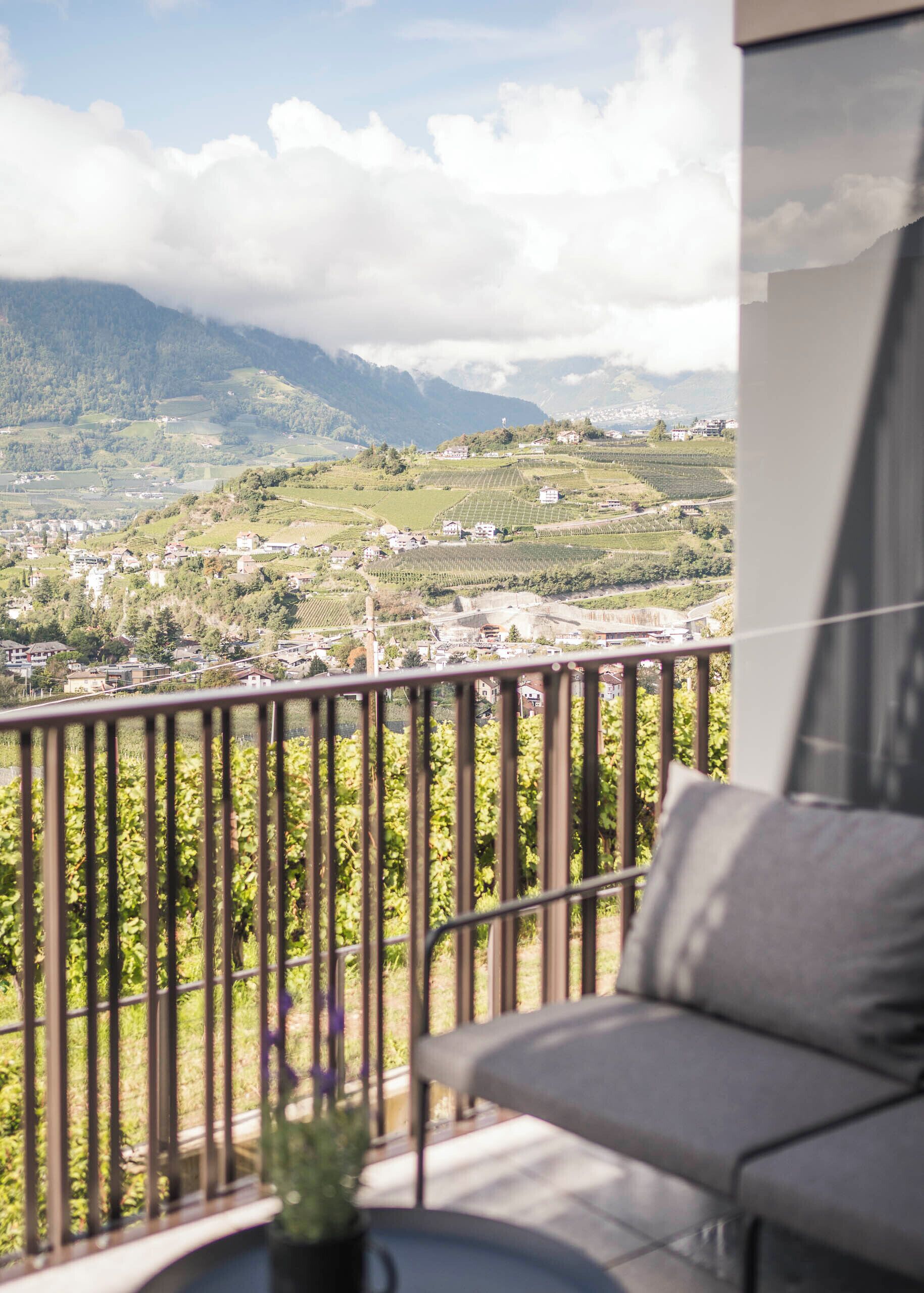 Uma varanda com vista para vinhedos e uma cidade ao longe.