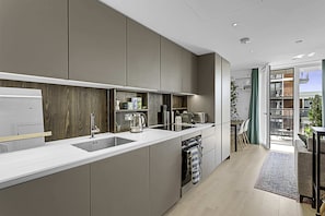 Apartamento Básico, 1 cama king-size | Cozinha privada | Um frigorífico, um forno, uma placa de cozinha
