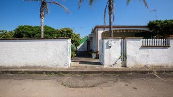 Rua residencial com uma casa branca, um portão e uma palmeira.