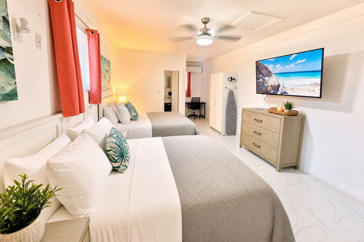 Quarto de hotel com duas camas, televisão, ventoinha no teto, cómoda e uma planta.