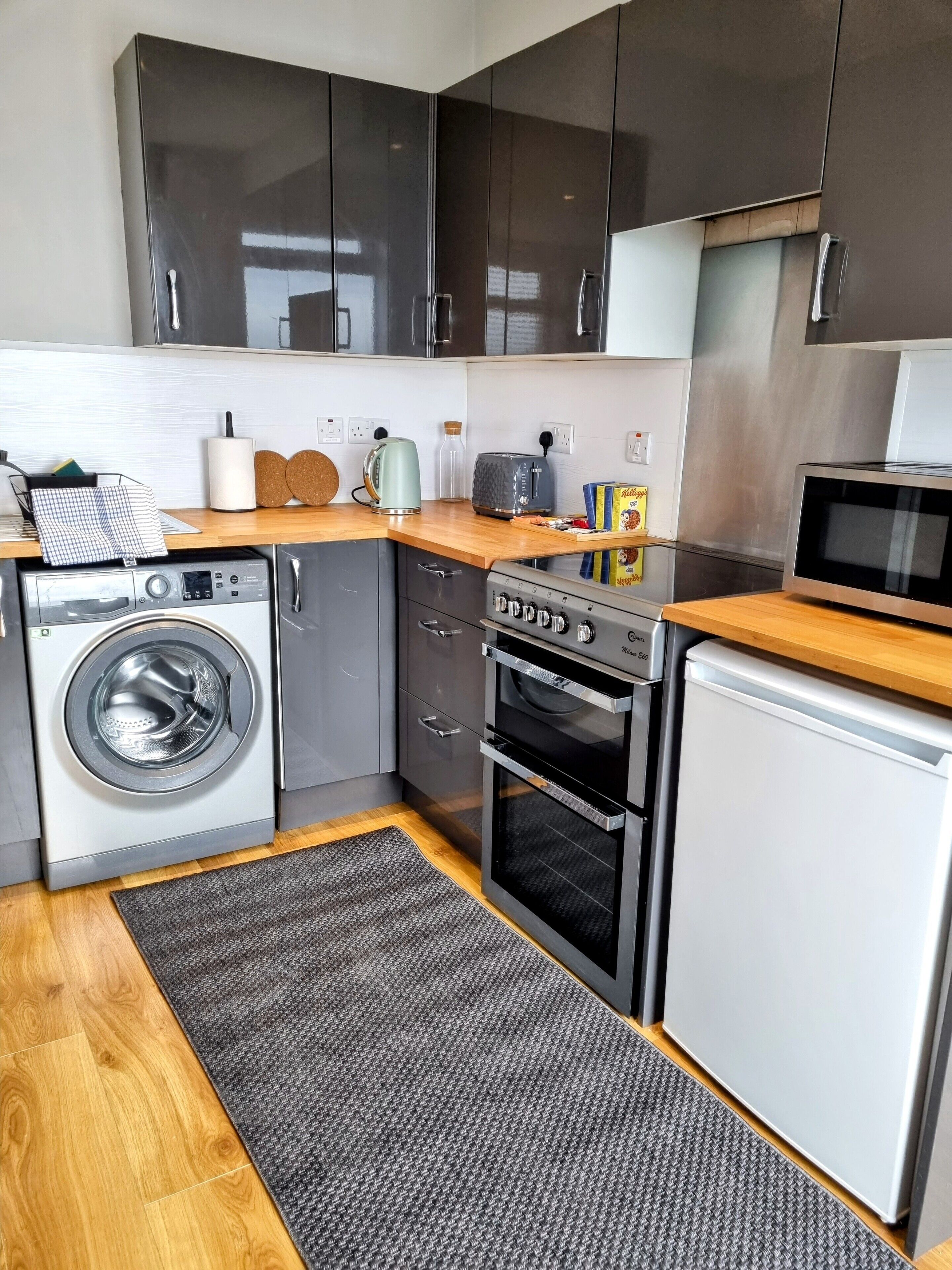 Apartamento Deluxe | Cozinha privada | Um frigorífico, um micro-ondas, um forno, uma placa de cozinha 