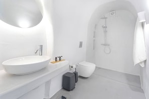 Um banheiro moderno com uma pia grande e branca, vaso sanitário e chuveiro.